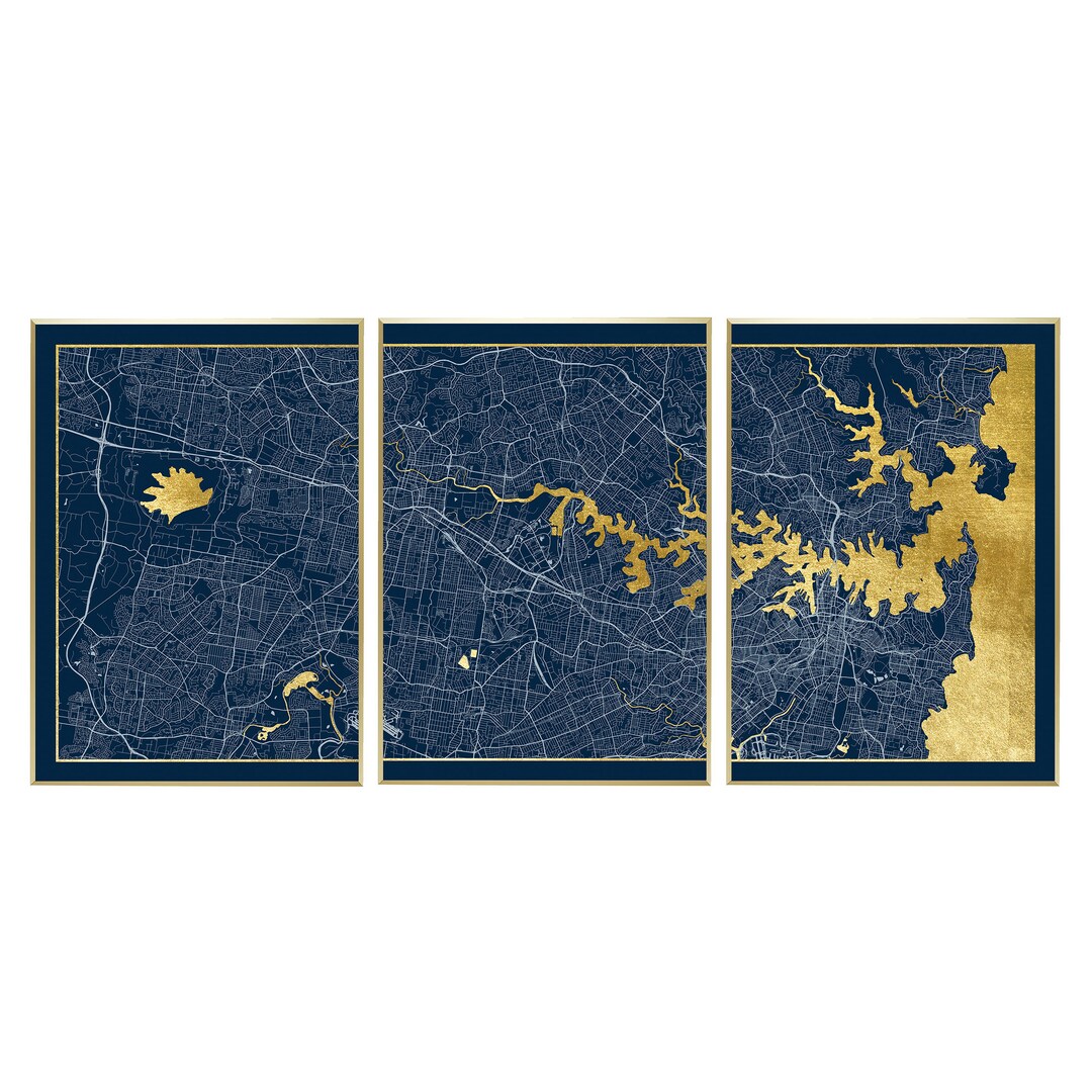 Serigrafía de mapas trípticos de Sídney / Marina y oro / Pan de oro ...
