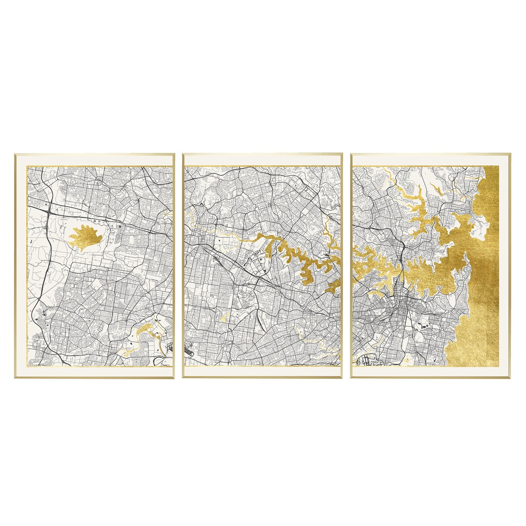 Serigrafía de mapas trípticos de Sídney / Blanco y oro / Pan de oro ...