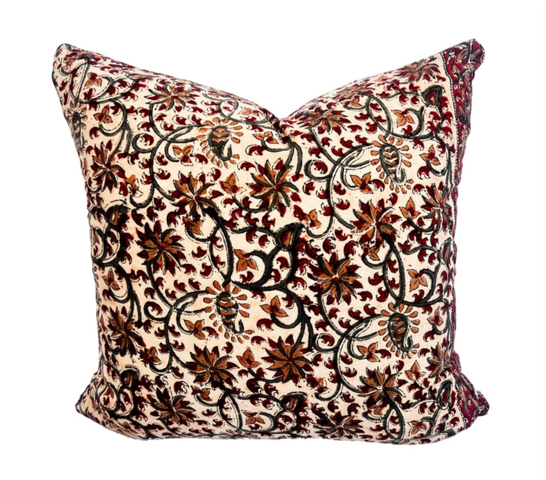 Adeline Rust and Green Floral Block Print Pillow With Rust Border - Etsy