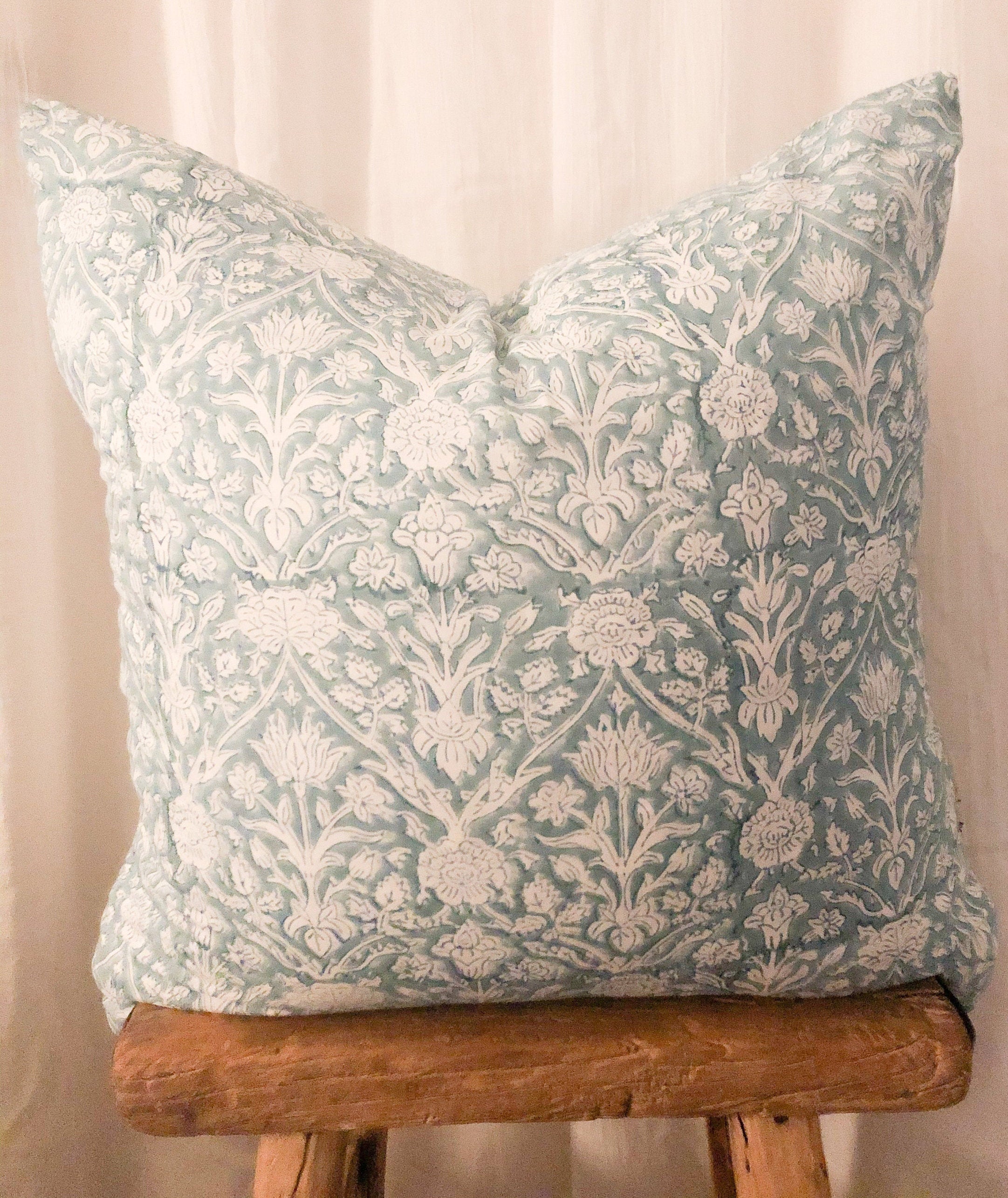 Green Small Scale Jada Floral Hand Block Print on Linen Pillow Cover ...