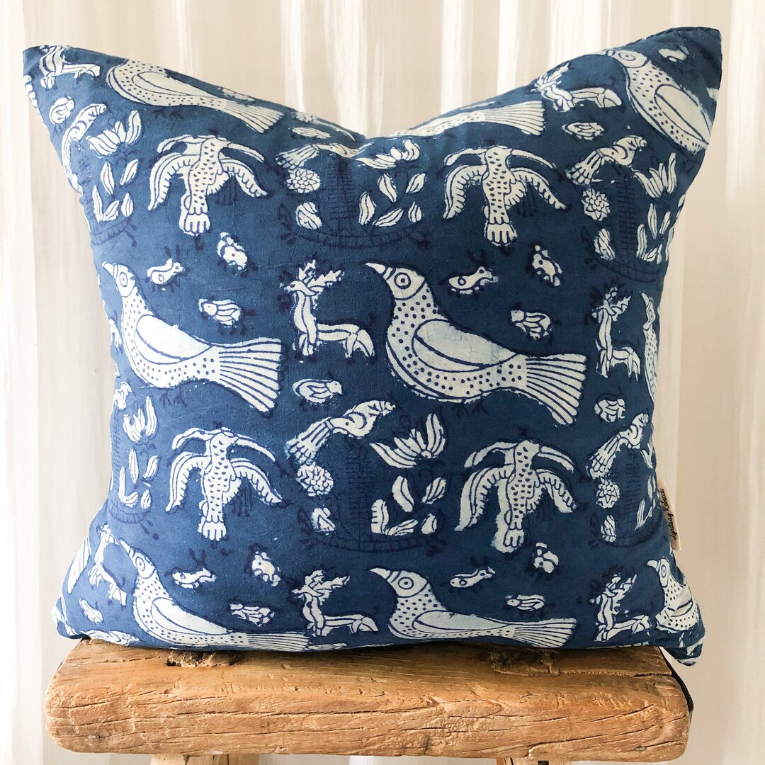 Indigo Blue Bird Print Pillow - Etsy