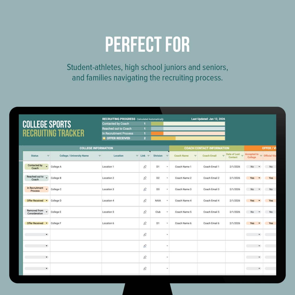 College Sports Recruiting Tracker | Google Sheets Recruiting Organizer ...