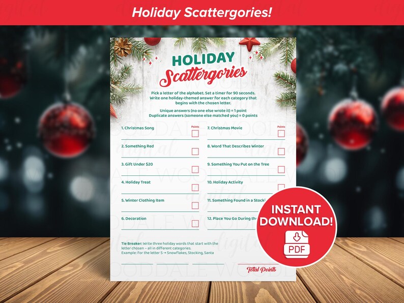 Holiday Scattergories Game • Fillable or Printable PDF • Instant ...
