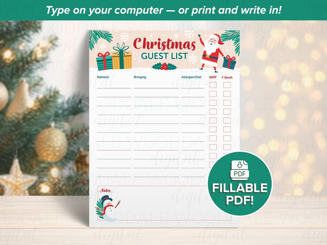 Christmas Party Guest List PDF – Fillable or Printable Template ...