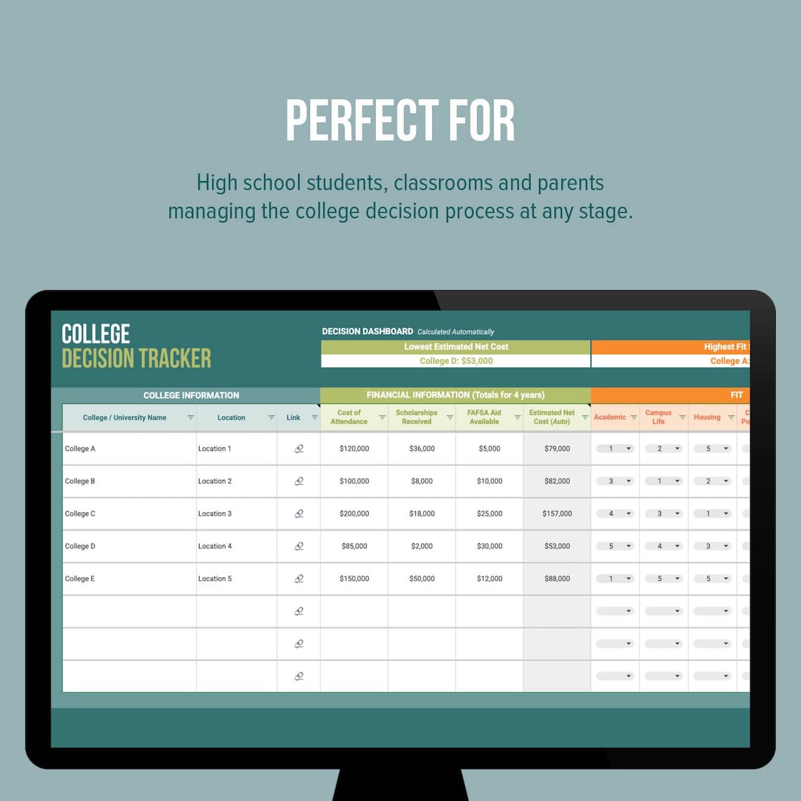 College Decision Tracker | Google Sheets College Comparison Tool | Auto ...