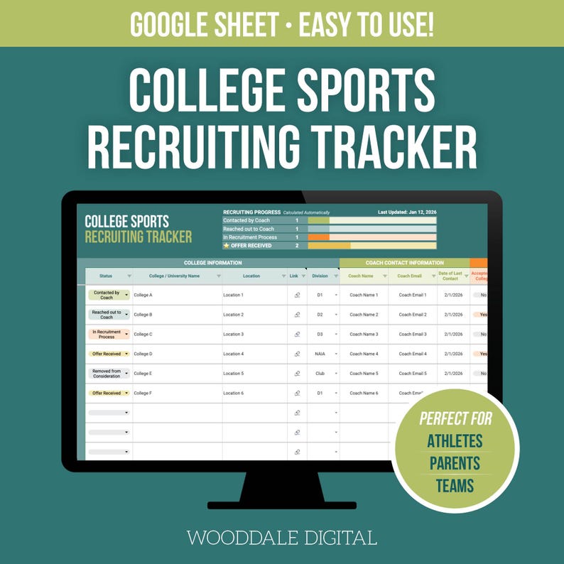 College Sports Recruiting Tracker | Google Sheets Recruiting Organizer ...
