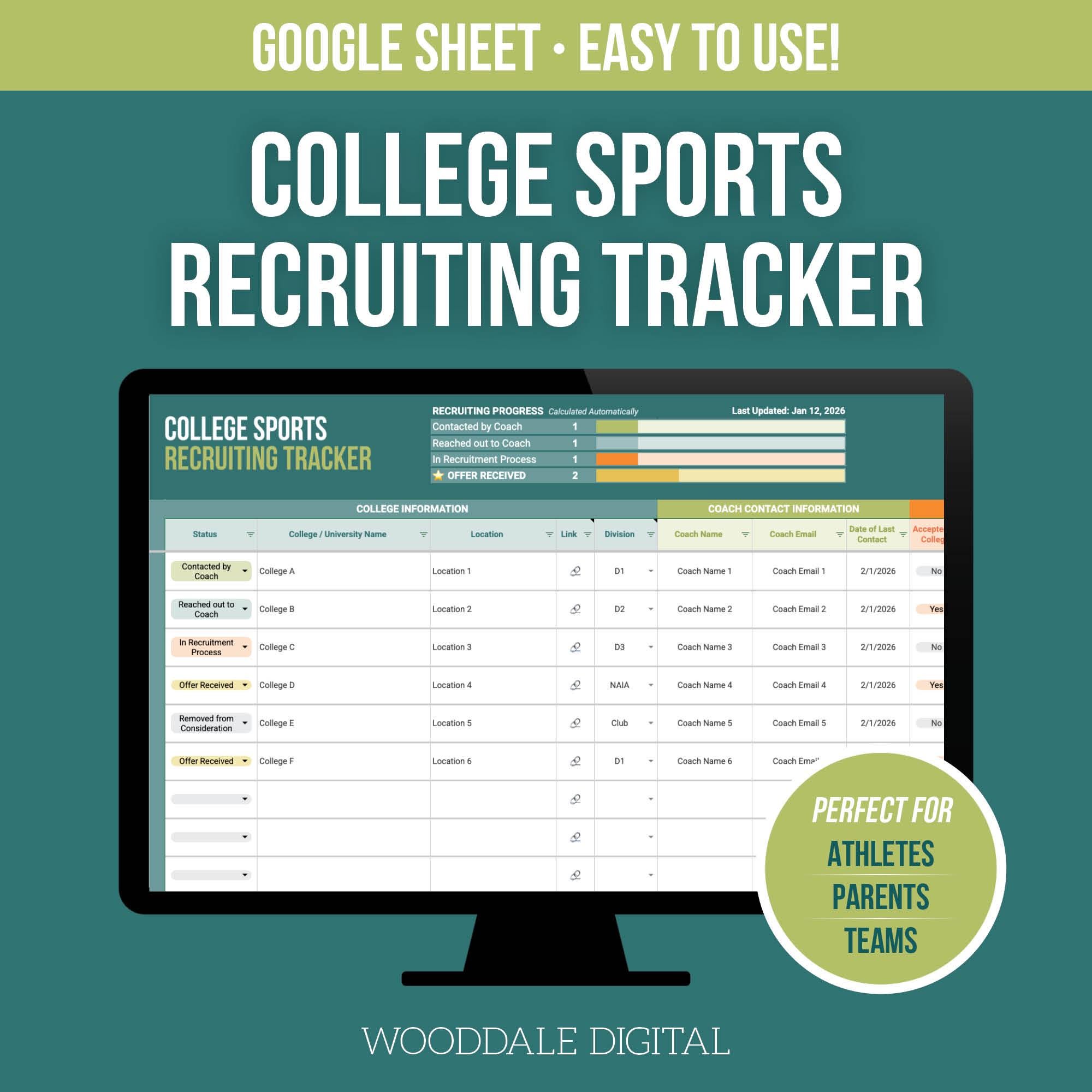 College Sports Recruiting Tracker | Google Sheets Recruiting Organizer ...