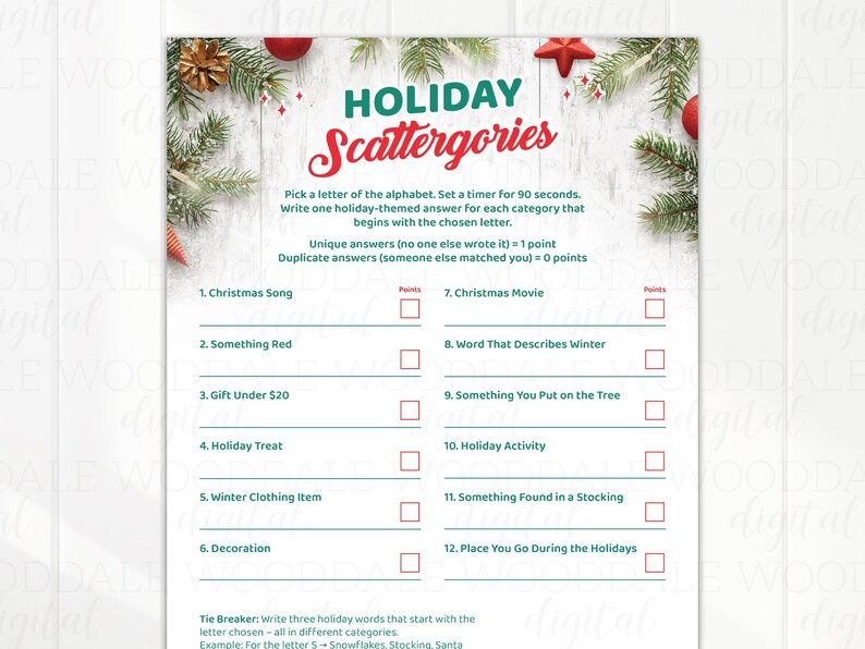 Holiday Scattergories Game • Fillable or Printable PDF • Instant ...