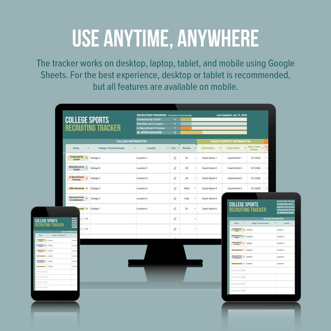 College Sports Recruiting Tracker | Google Sheets Recruiting Organizer ...