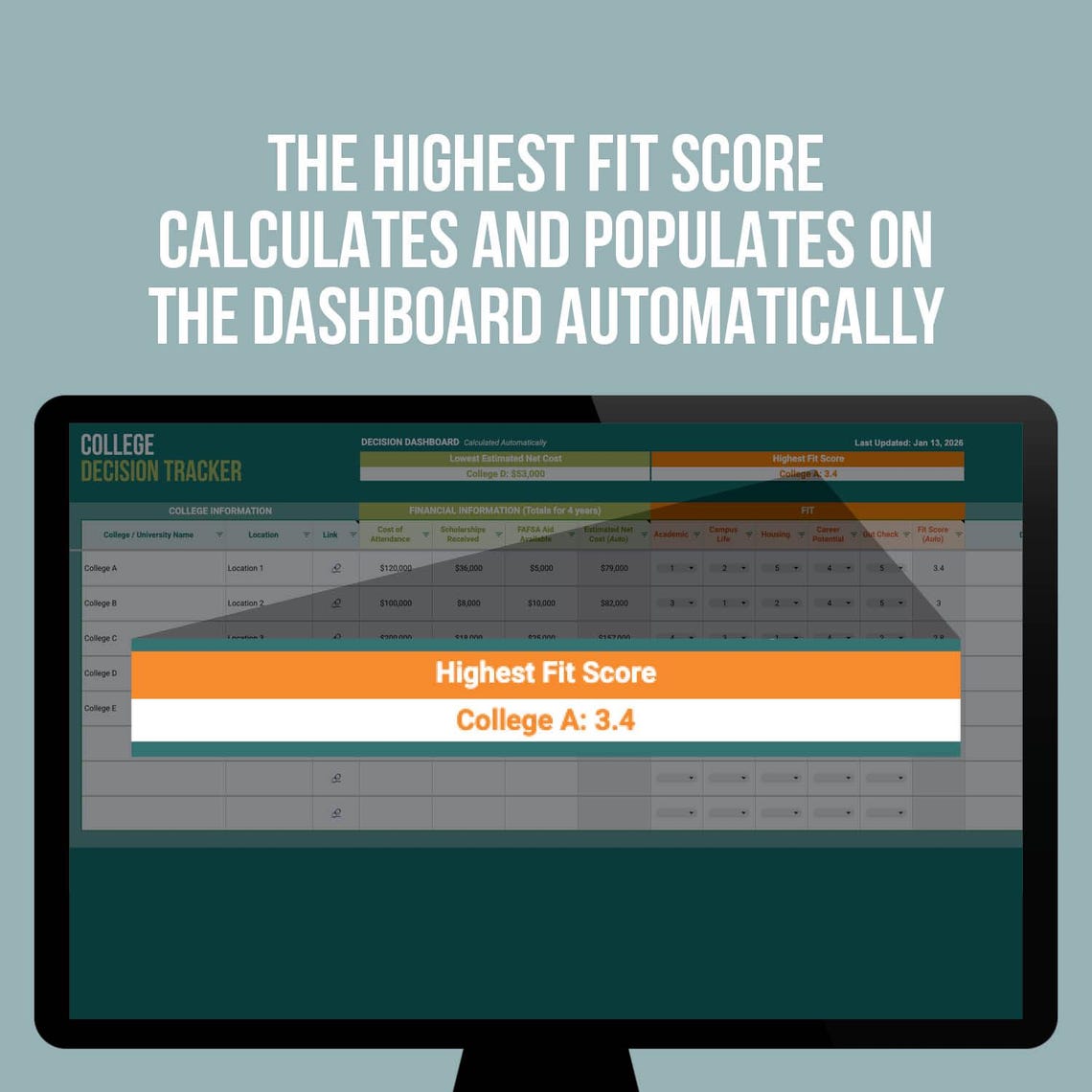 College Decision Tracker | Google Sheets College Comparison Tool | Auto ...