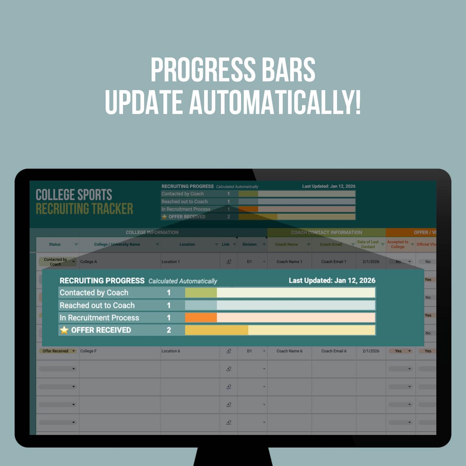 College Sports Recruiting Tracker | Google Sheets Recruiting Organizer ...