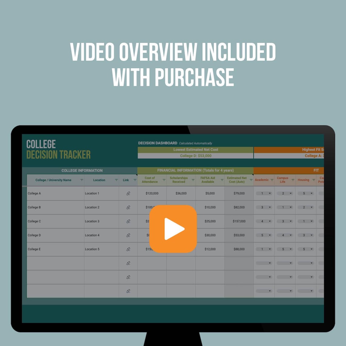 College Decision Tracker | Google Sheets College Comparison Tool | Auto ...
