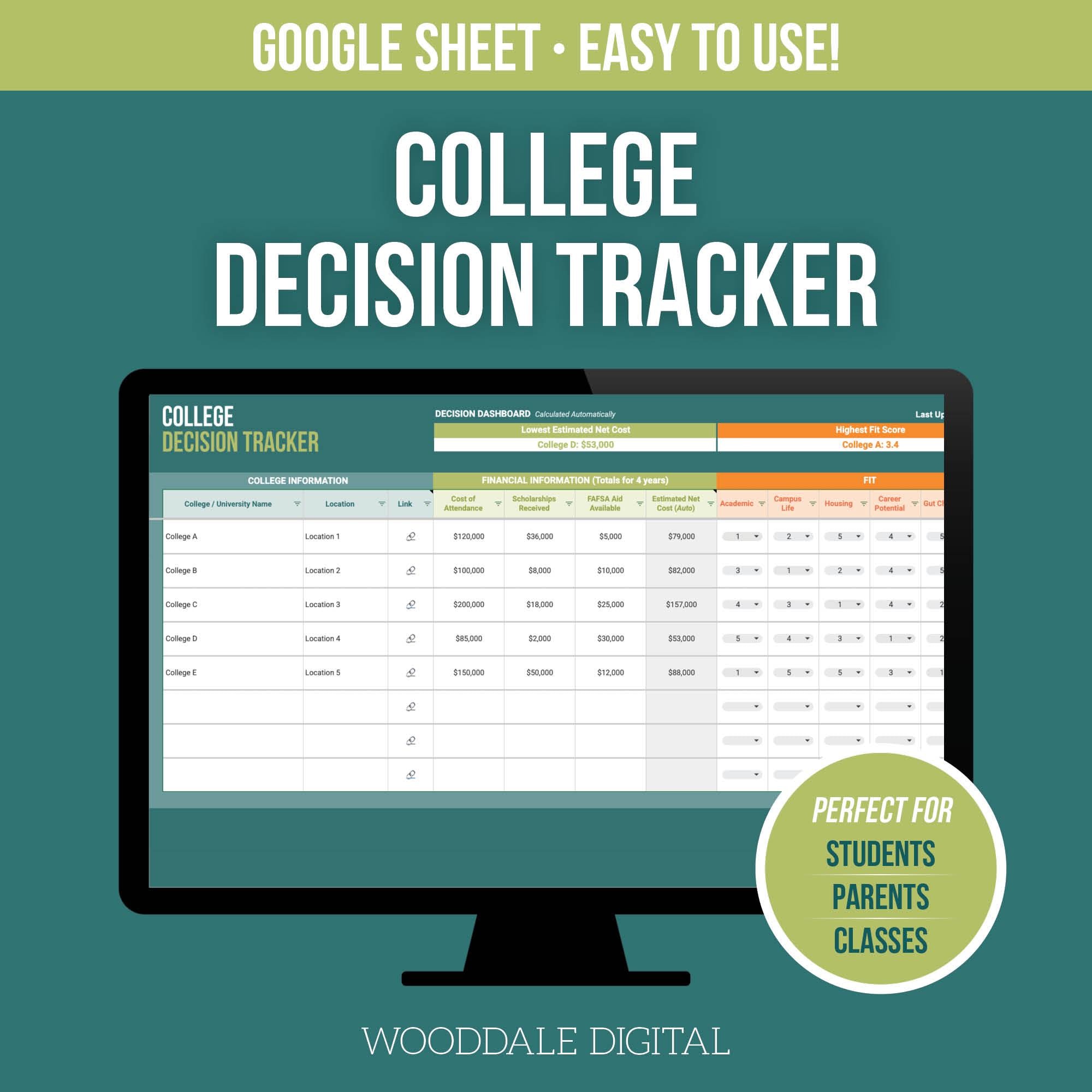 College Decision Tracker | Google Sheets College Comparison Tool | Auto ...