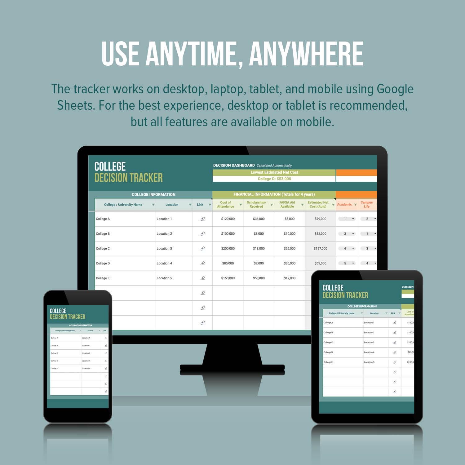 College Decision Tracker | Google Sheets College Comparison Tool | Auto ...