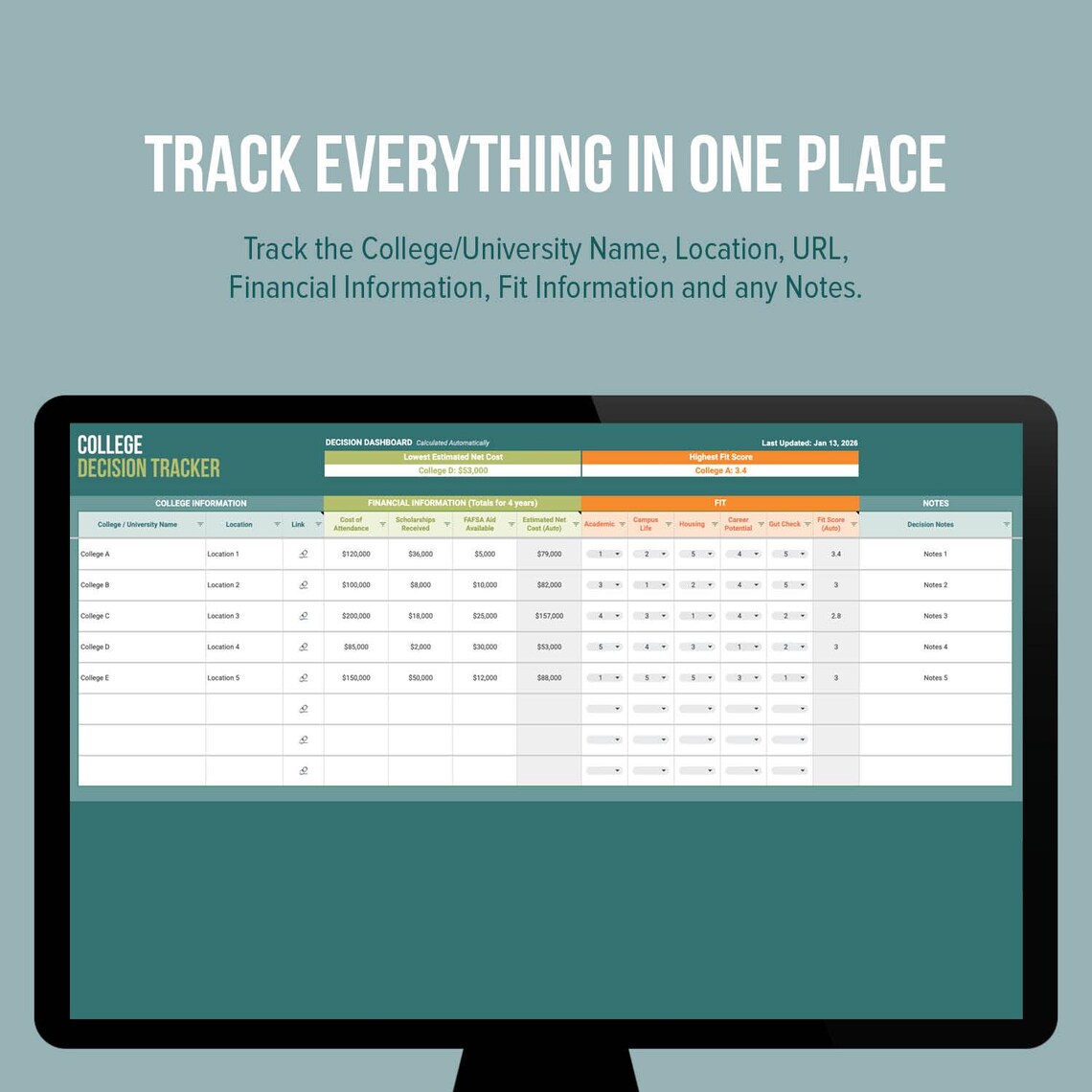 College Decision Tracker | Google Sheets College Comparison Tool | Auto ...