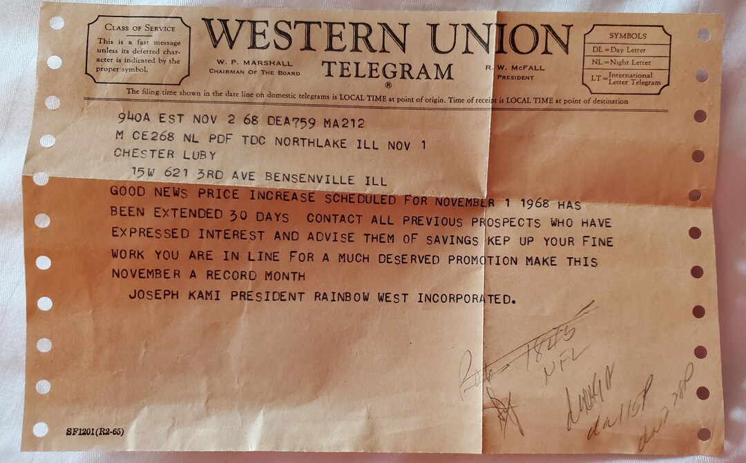 Vintage Original Western Union Telegram With Original Stamped Envelope ...