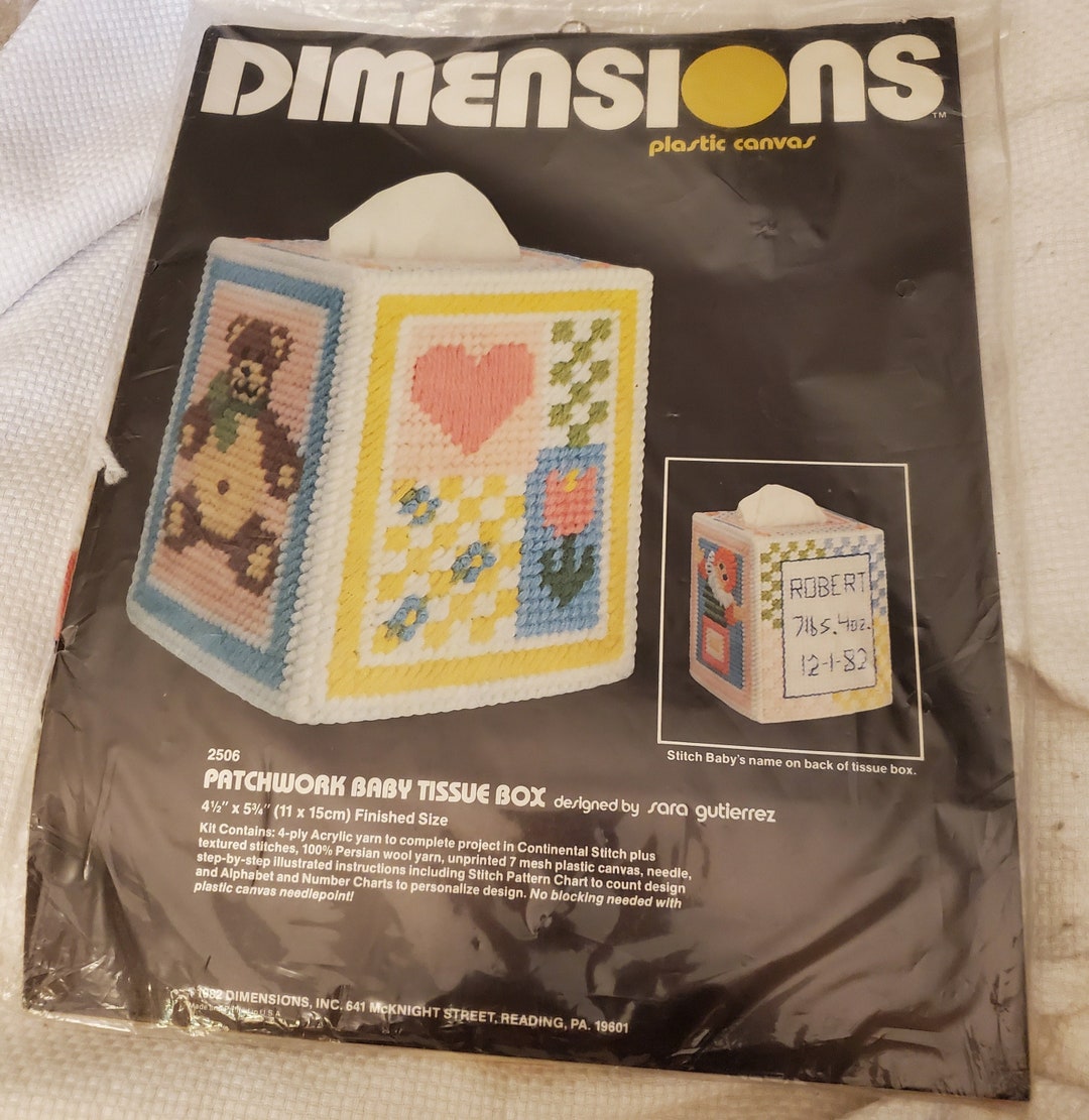 Vintage Dimensions Unopened Patchwork Baby Tissue Box Plastic Canvas ...