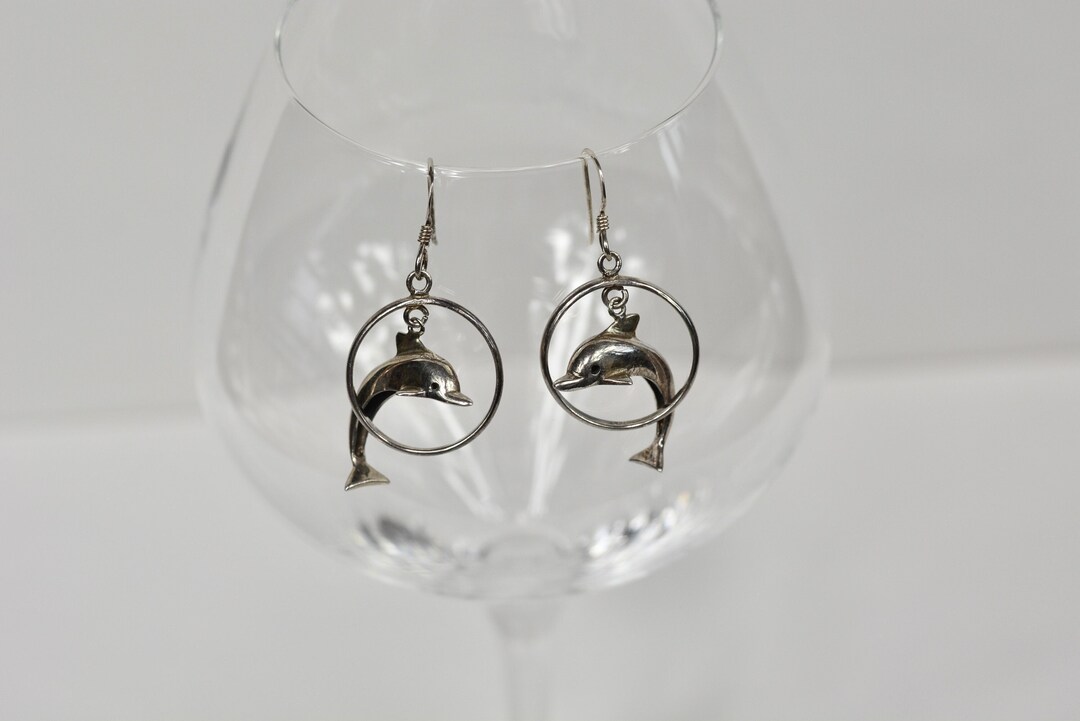 Vintage Sterling Silver Dolphin Hoop Earrings - Delicate Dangling ...