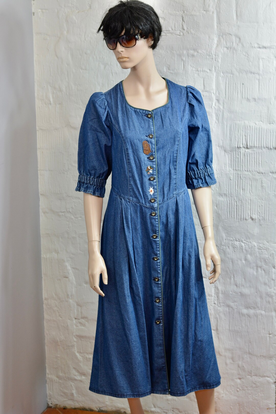 Vintage Denim Dirndl Dress Embroidered Blue Cotton Bavarian Folk Midi ...
