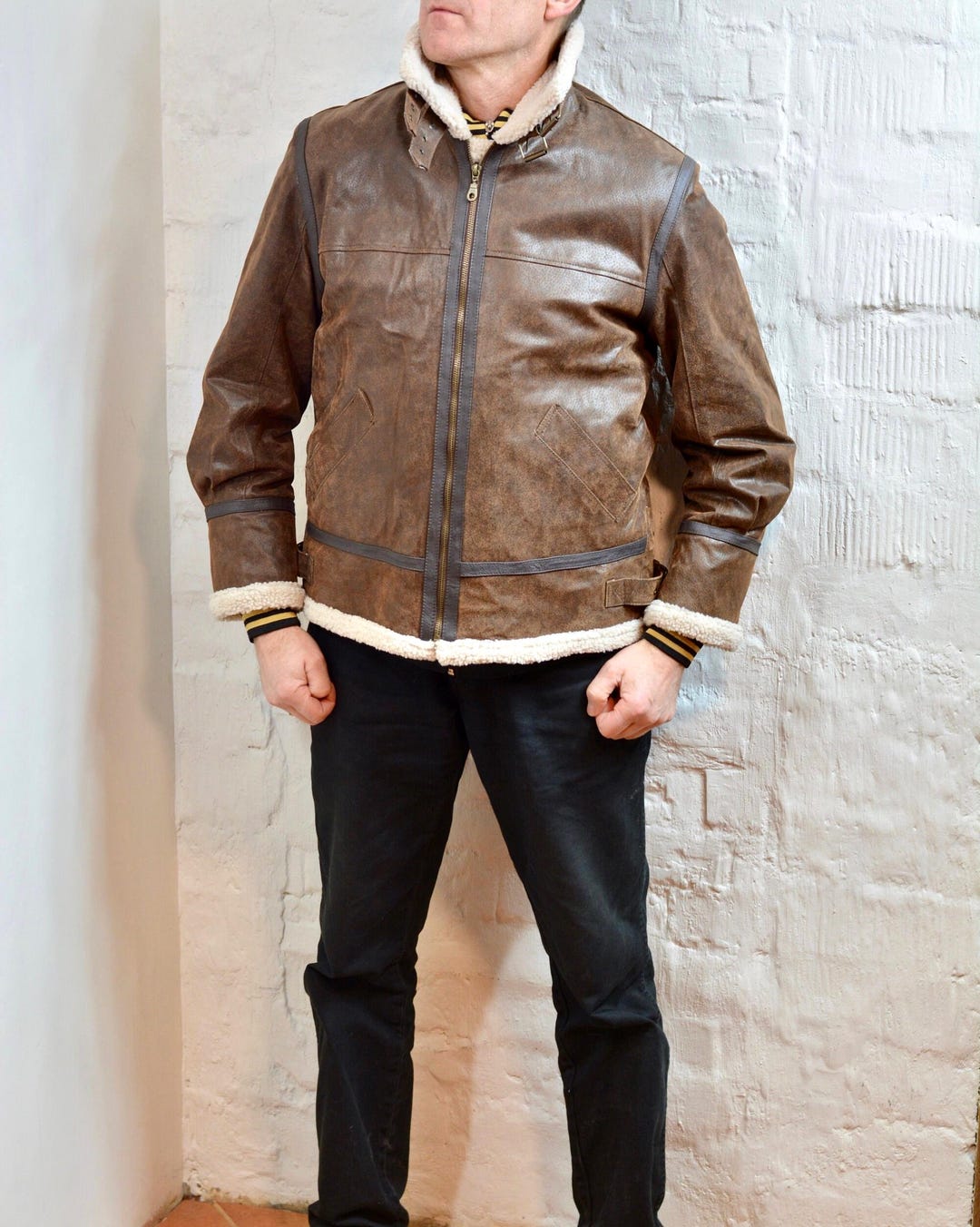 Vintage Arizona Genuine Leather Bomber Jacket Brown Faux Shearling ...