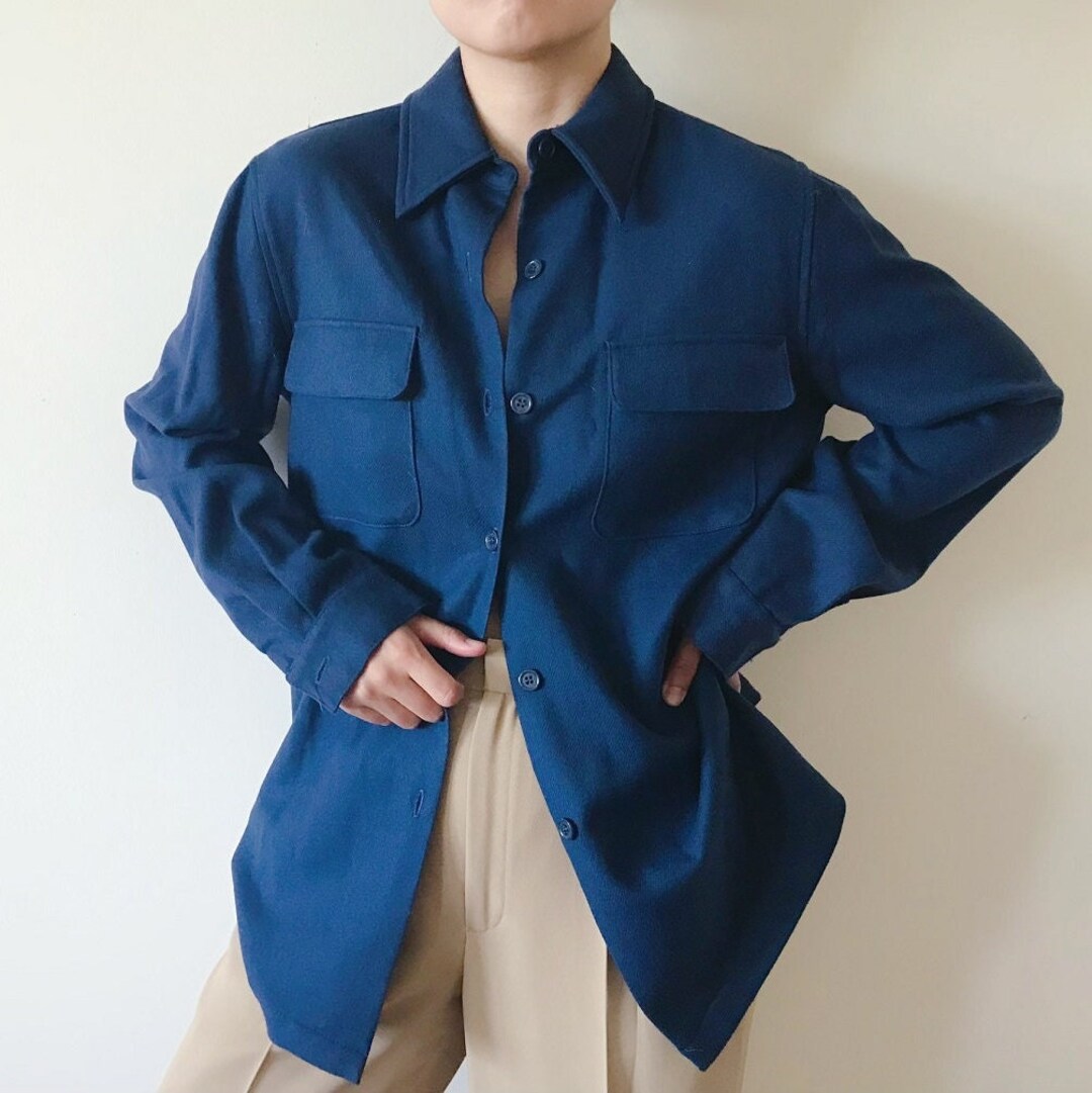 Vintage Wool Shirt Wool Jacket Wool Blouse Wool Blazer Blue Minimalist ...
