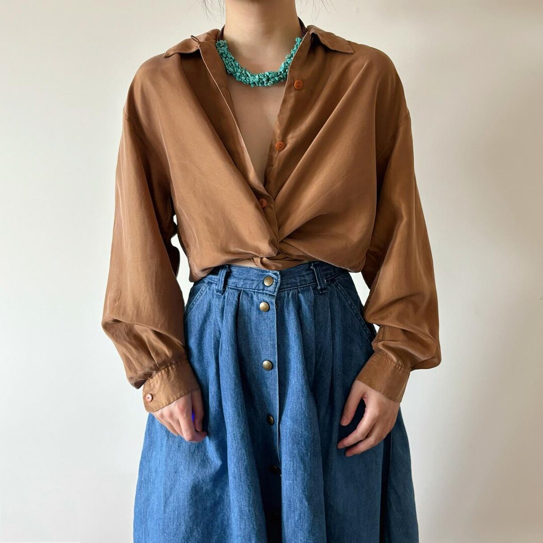 Vintage Silk Shirt Silk Duster Matte Silk Charmeuse Silk Blouse Brown ...