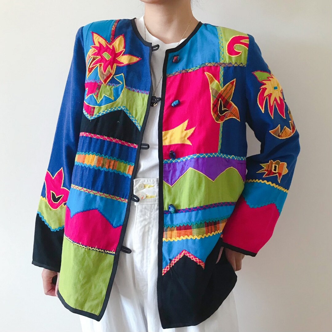 Vintage Jacket Patchwork Jacket Floral Embellished Wearable Art Rainbow ...