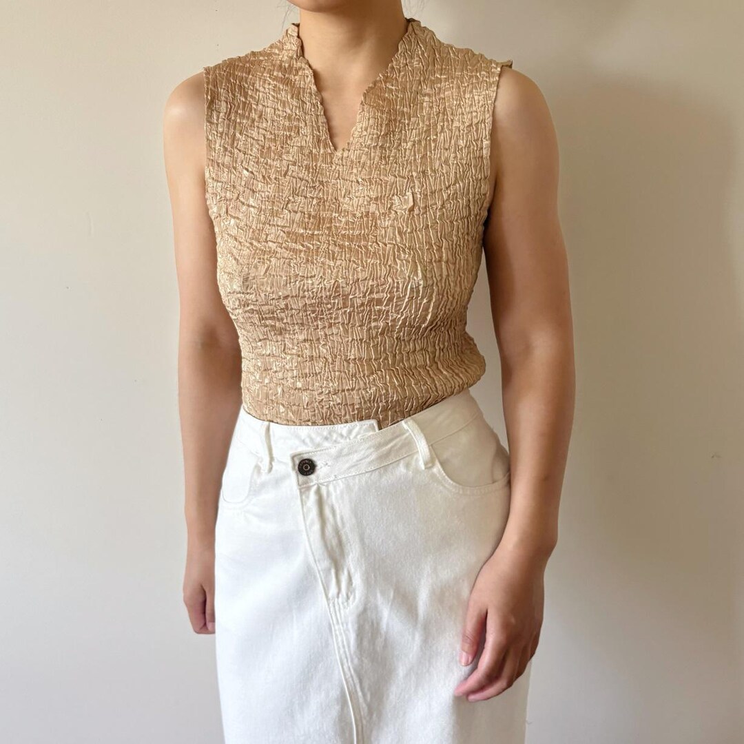 Vintage Tank Top Textured Wrinkled Gold Stretchy Sleeveless Minimalist ...