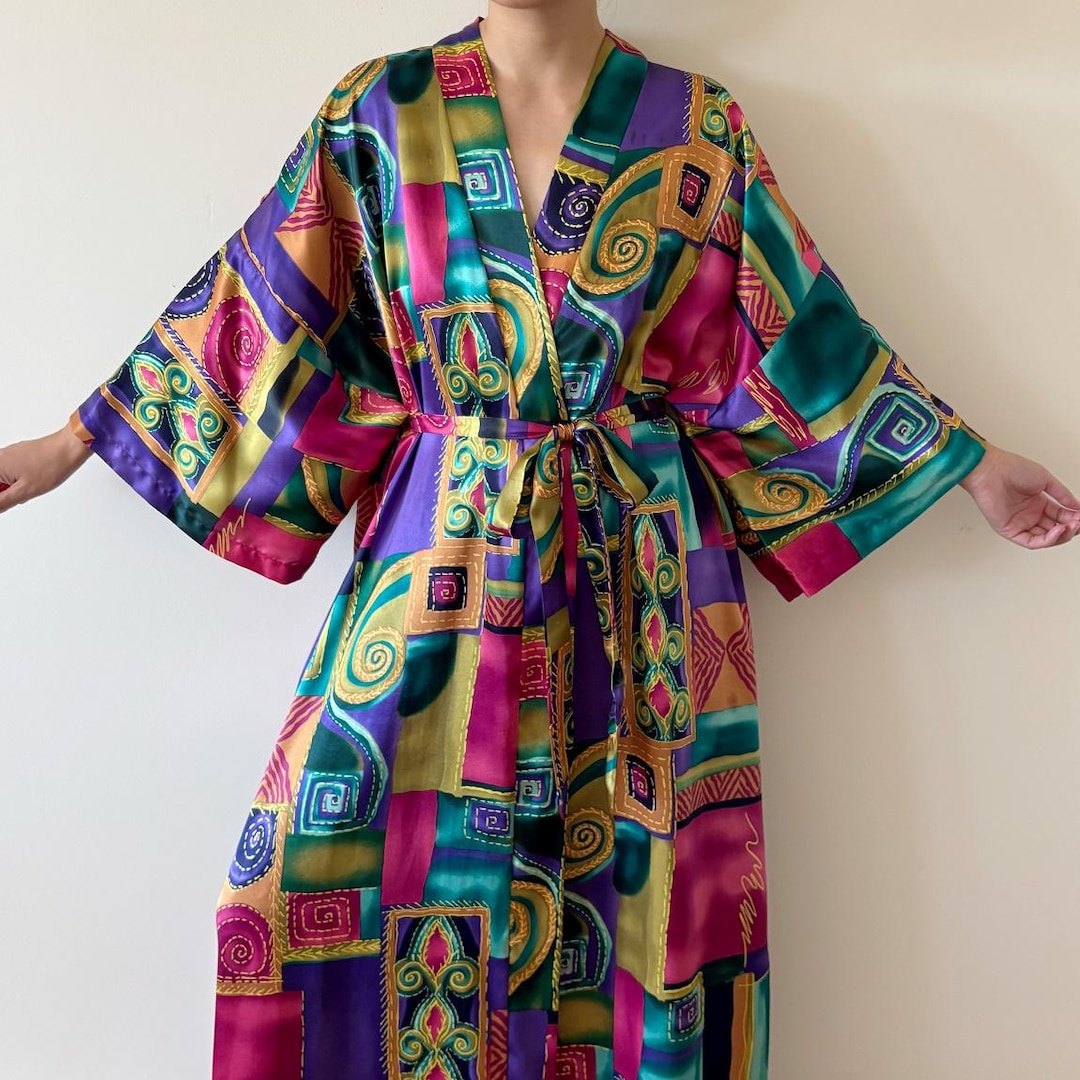 Vintage Silky Robe Kimono Style Floral Abstract Colorful Robe Silky ...