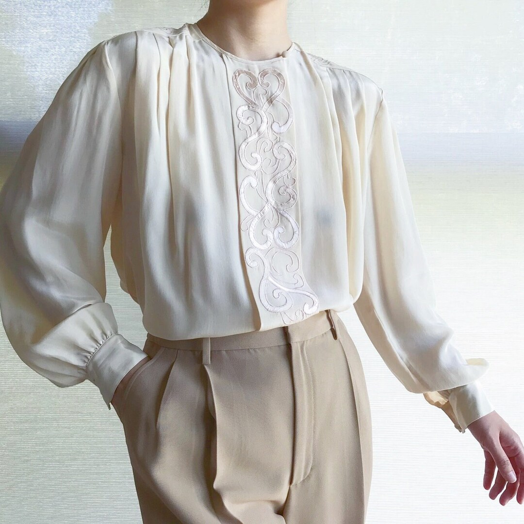 Vintage Silk Blouse Minimalist Silk Top Silk Shirt Embroidered Pleated ...