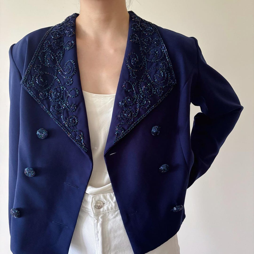Vintage Blazer Vintage Jacket Cropped Blue Boxy Beaded Embroidered ...