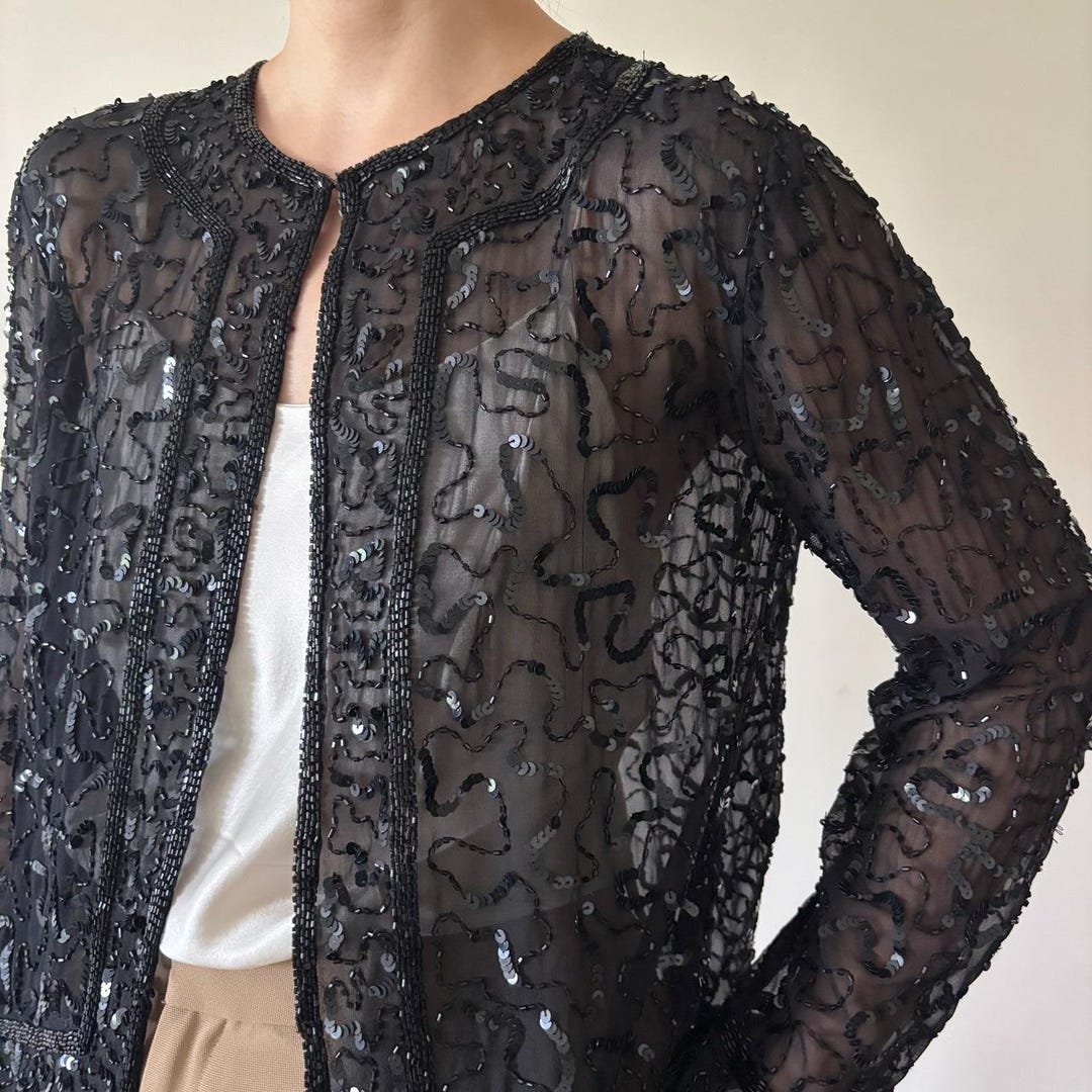 Vintage Silk Blouse Hand Beaded Top Sequin Mesh Shirt Party Silk Shirt ...