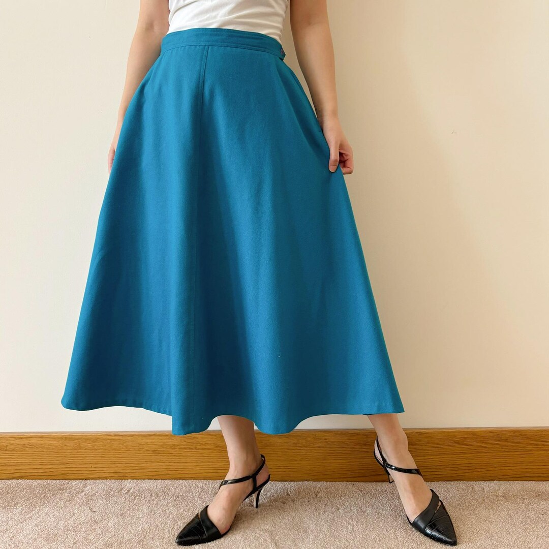 Vintage Wool Skirt Circle Skirt Sun Skirt Turquoise Blue Pleated Skirt ...
