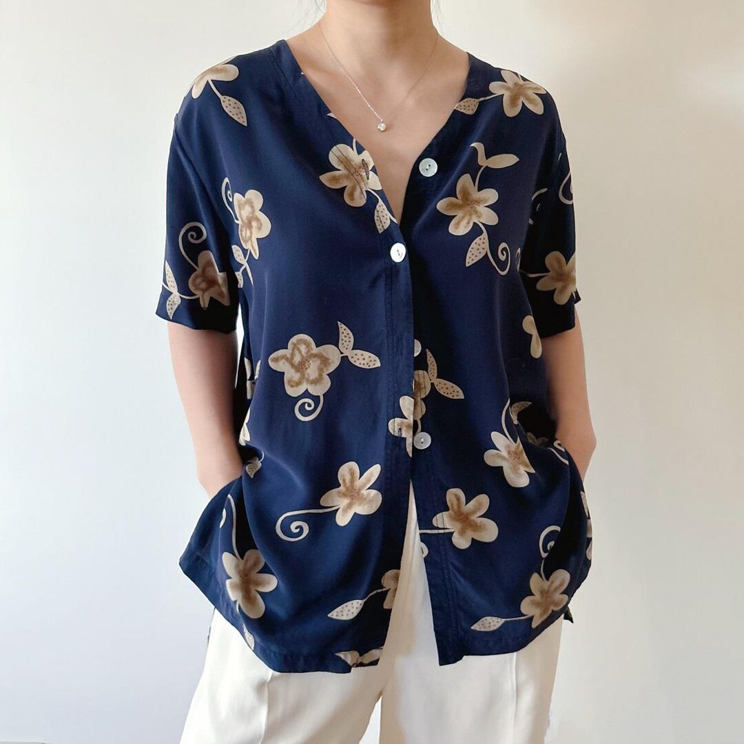 Vintage Silk Blouse Blue Silk Duster Silk Shirt Silk Top Floral Silk ...