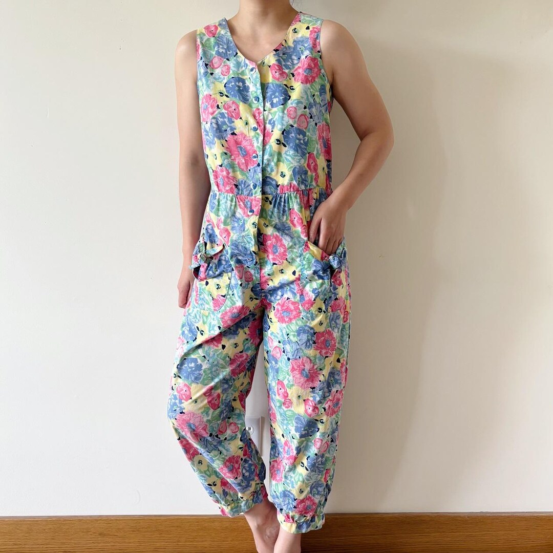 Vintage Jumpsuit Vintage Rompers Floral Cotton Pastel Pleated Button ...