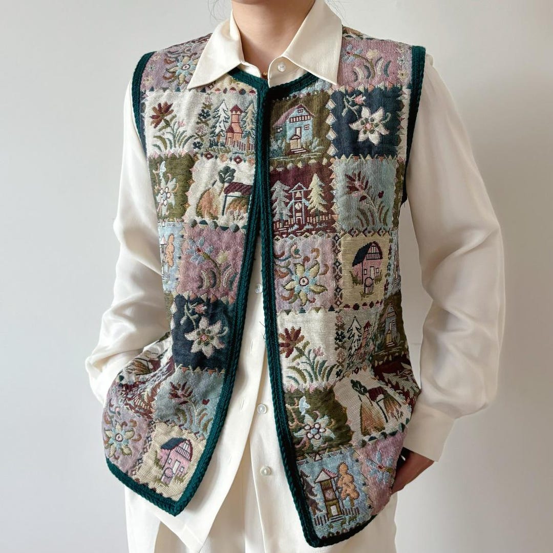 Vintage Vest Floral Vest Norway Vest House Pattern Floral Square Block ...