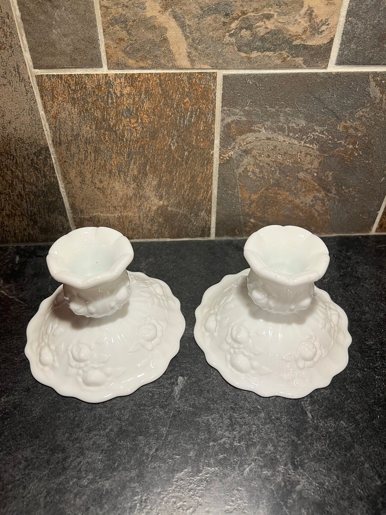 Fenton White Milk Glass Cabbage Rose Candle Stick Holders - Etsy