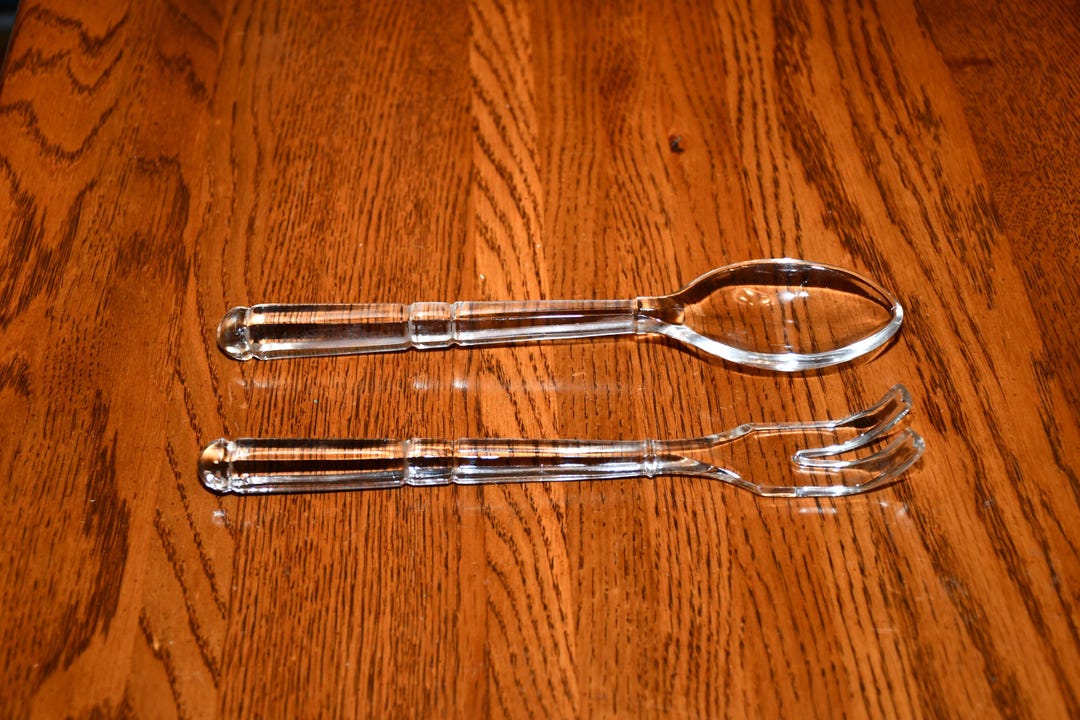 Vintage Clear Glass Art Deco Large Salad Fork & Spoon Serving Utensils ...