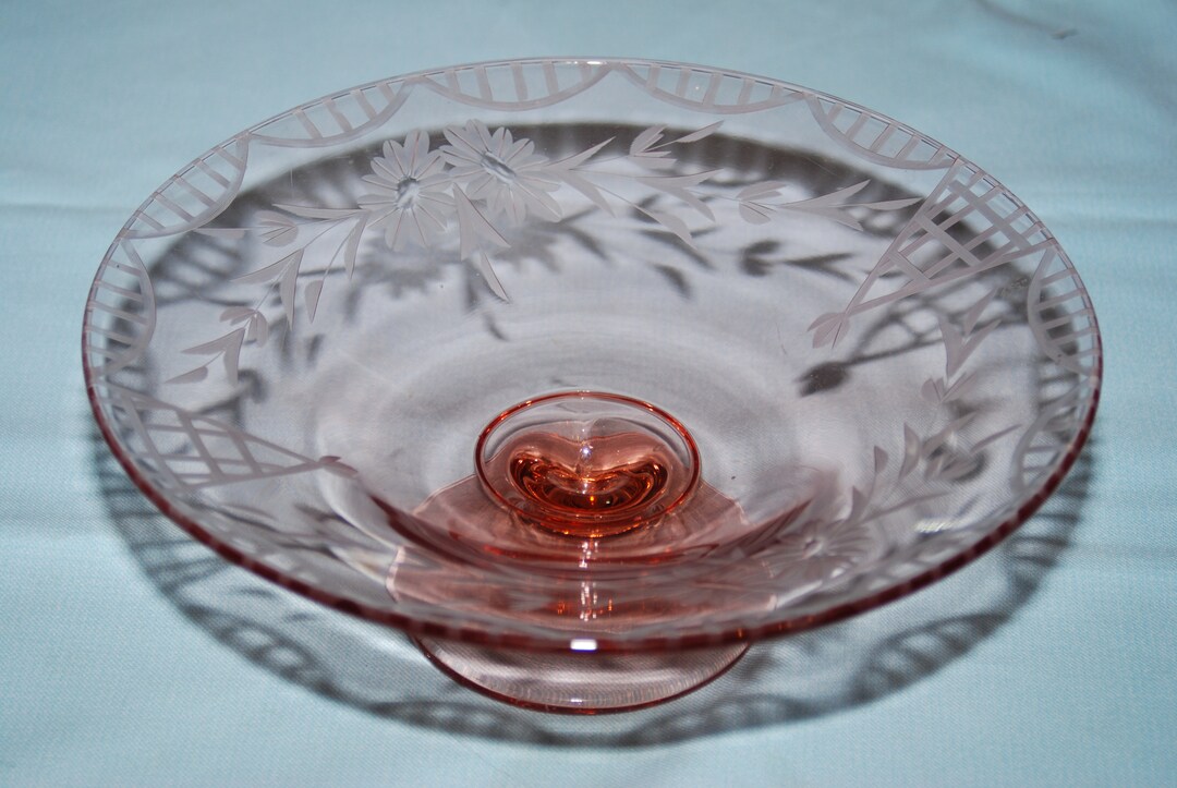 Vintage Pink Depression Glass Round Floral Etched Pedestal Console Bowl ...