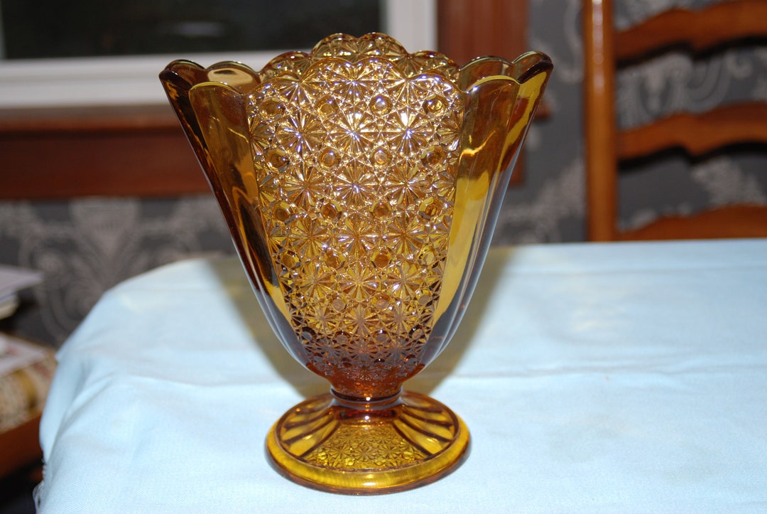 Fenton Glass Amber Daisy & Button Large Scalloped Fan Vase - Etsy
