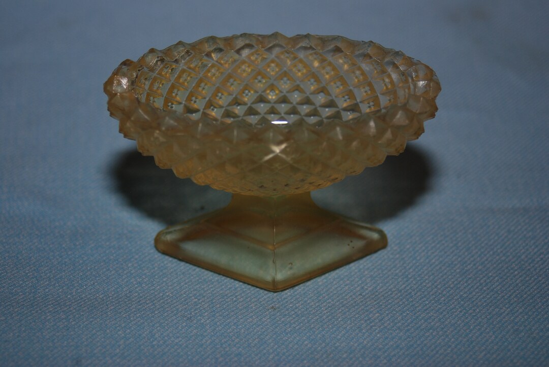 Vintage Yellow Depression Glass Diamond Cut Oval Pedestal Salt Cellar ...
