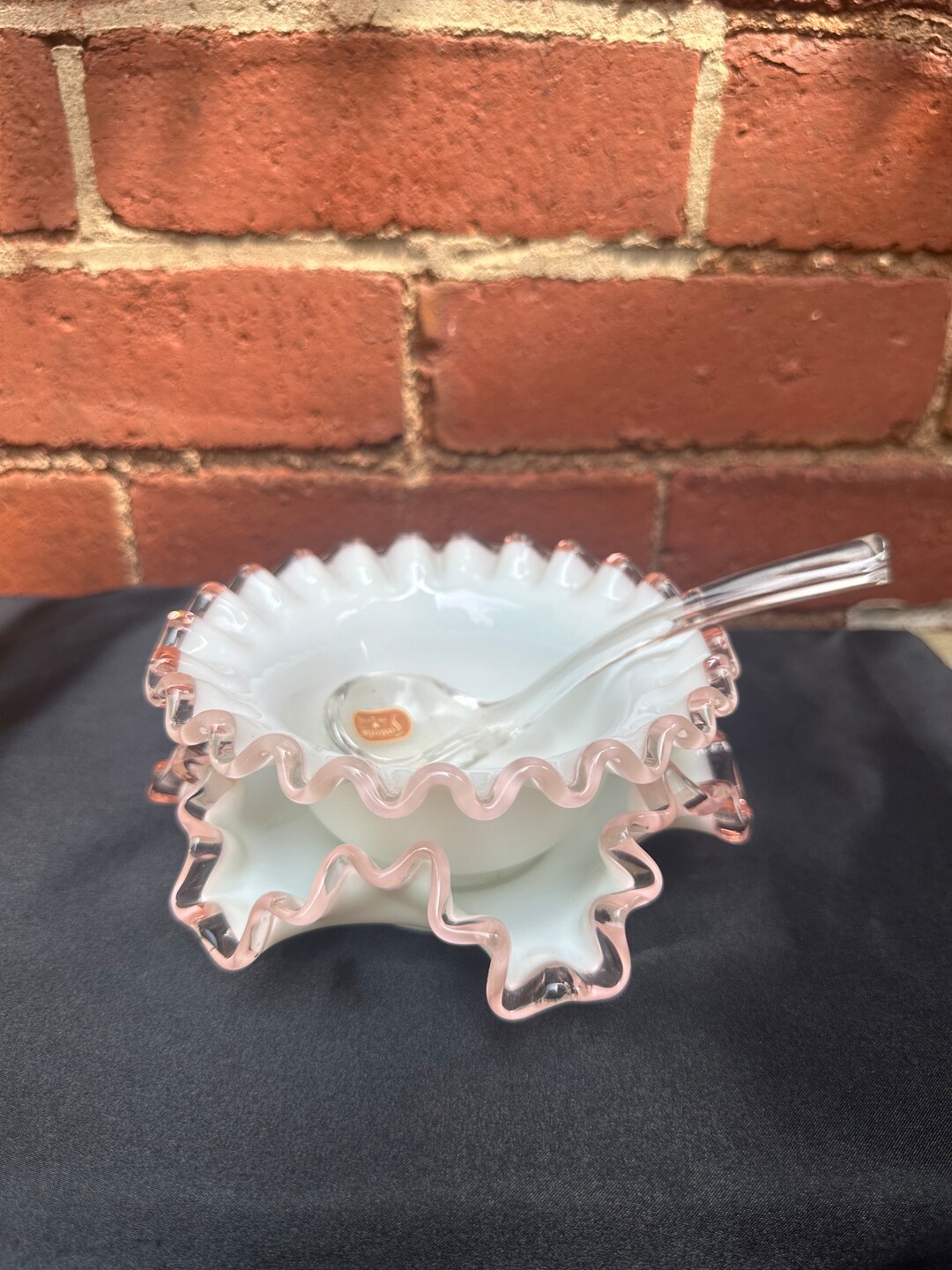 Fenton Pink Crested White Milk Glass Mayonnaise Bowl, Ruffled Edge Bowl ...