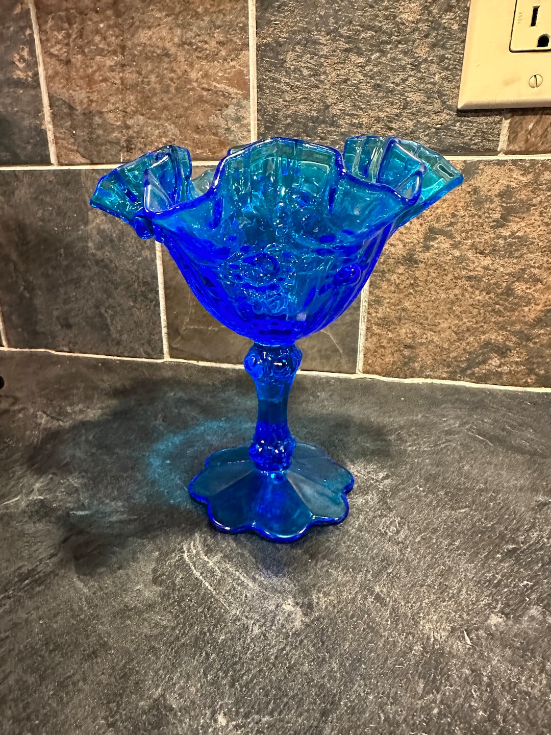 Fenton Colonial Blue Cabbage Rose Pedestal Ruffled Edge Candy Dish - Etsy