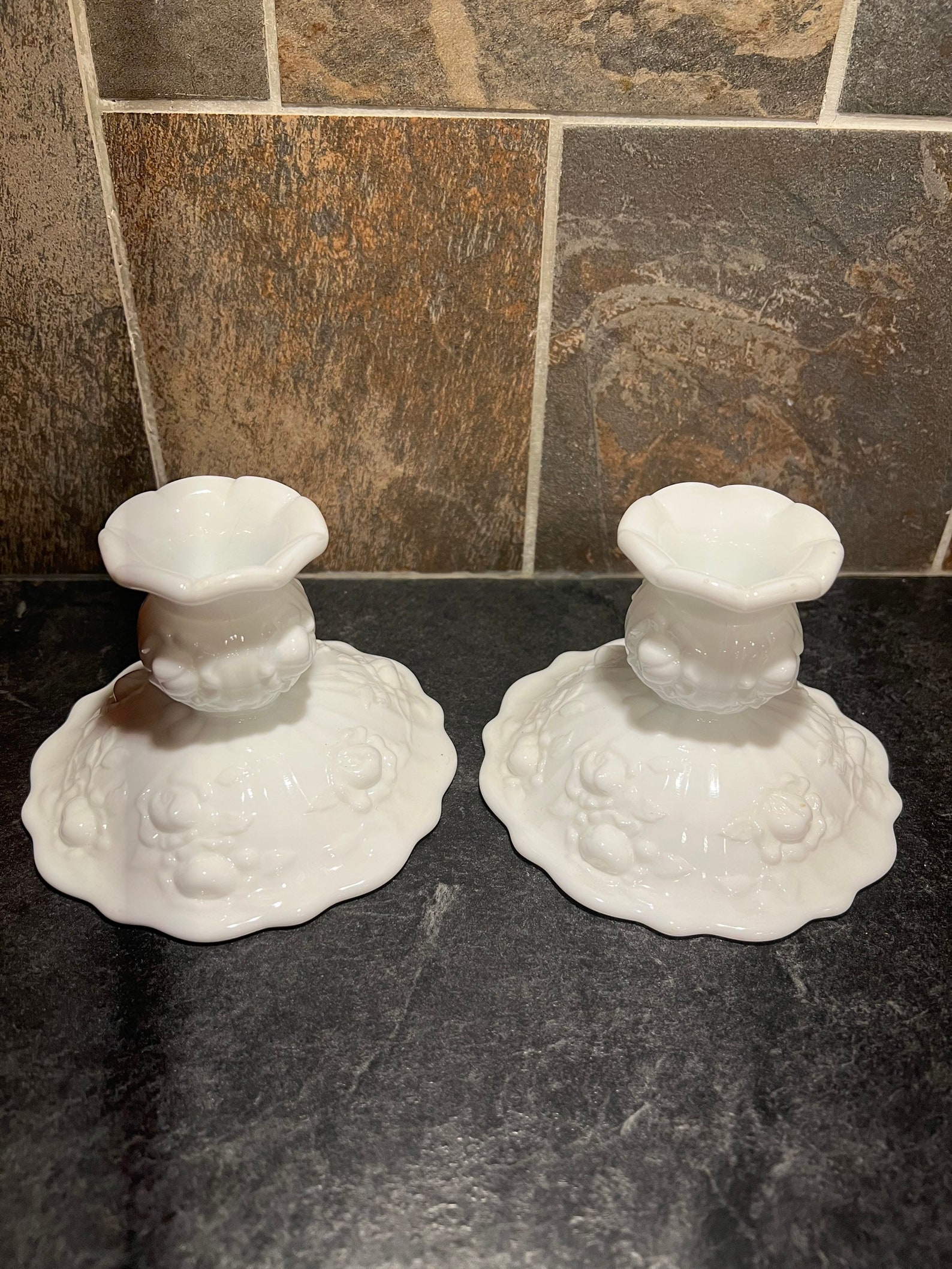 Fenton White Milk Glass Cabbage Rose Candle Stick Holders - Etsy