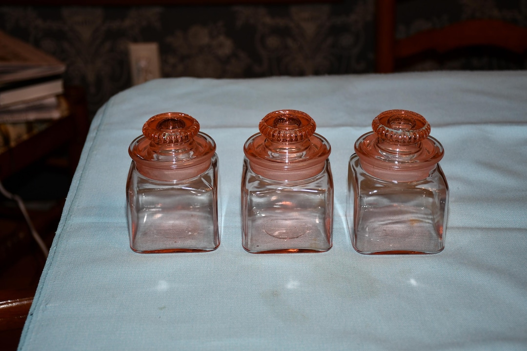 Set of Three Pink Depression Glass Small Square Apothecary/canister ...
