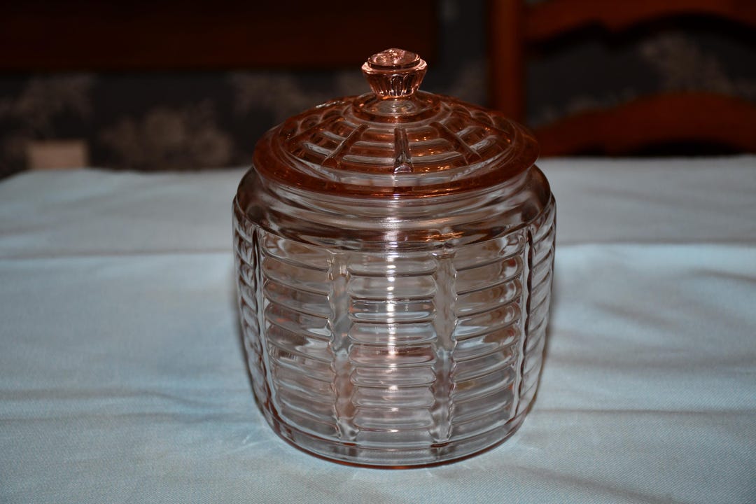 Vintage Anchor Hocking Pink Depression Glass Ribbed Biscuit/cracker Jar ...