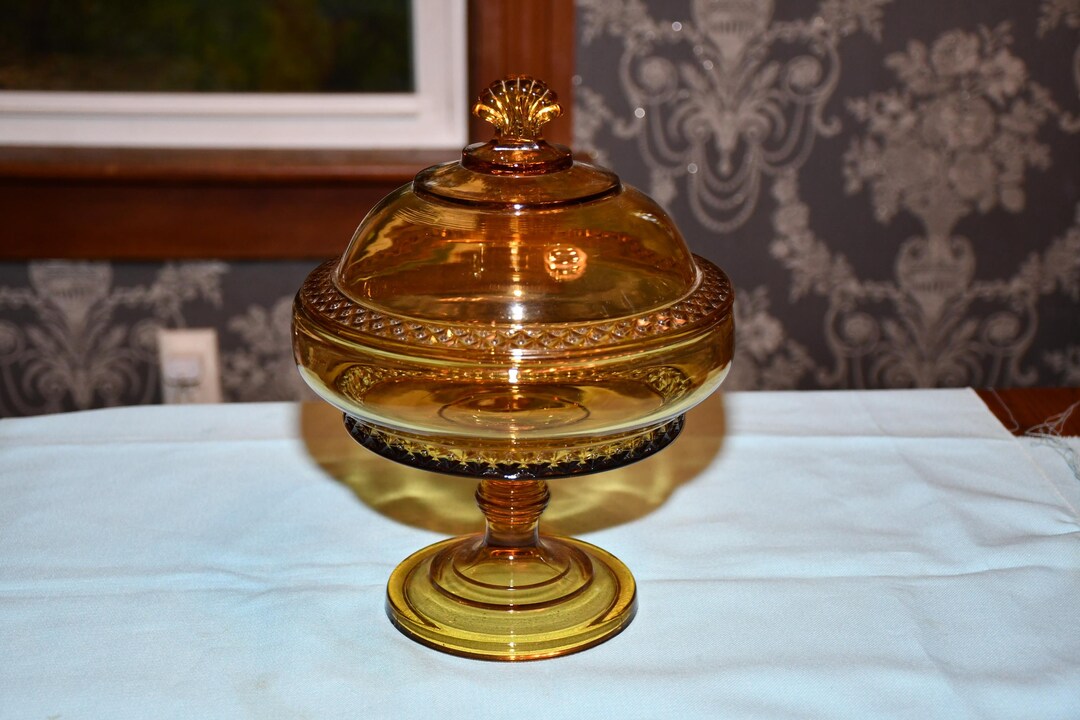 Vintage EAPG Glass Amber Pedestal Compote Candy Dish W/ Lid - Etsy