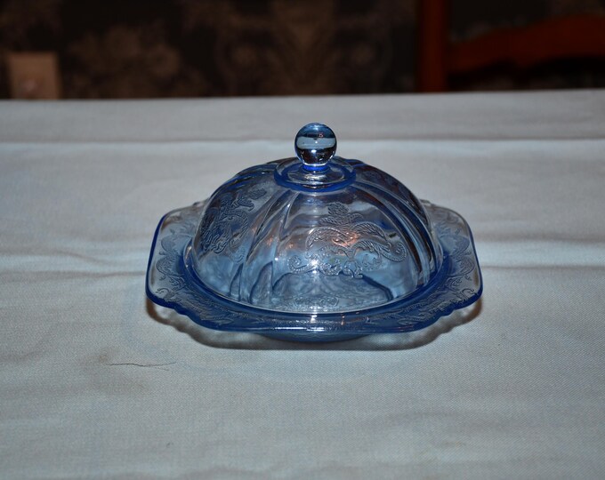 Vintage Federal Glass Blue Depression Glass Dome Butter Dish Madrid ...