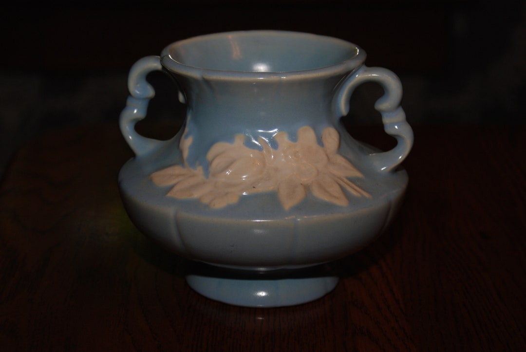 Vintage Weller Blue Cameo 2 Handled Vase - Etsy