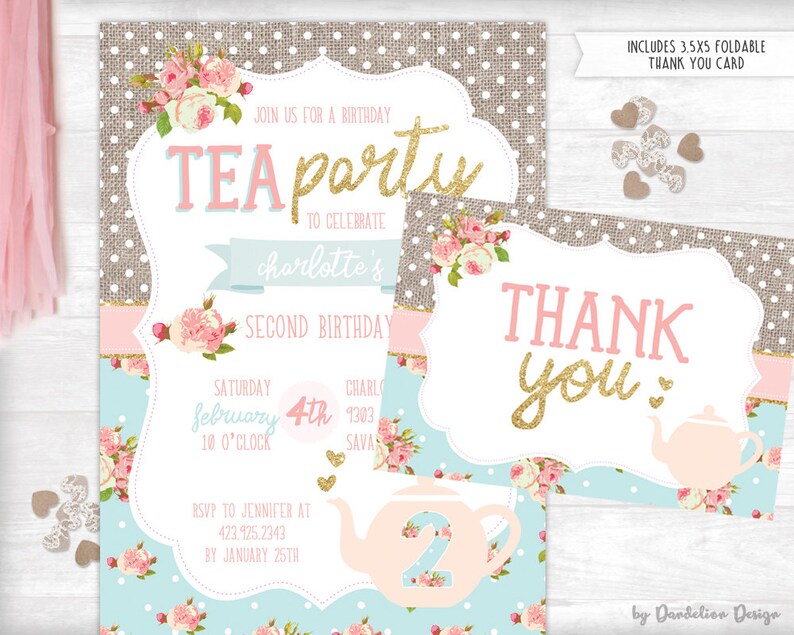 Tea Party Birthday Invitation Plus Thank You Card Printable | Etsy
